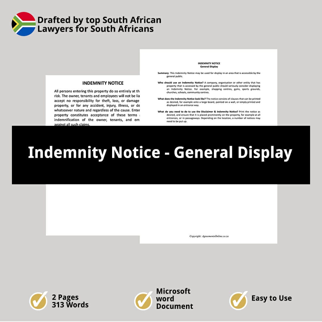 Indemnity Notice Template - General Display - South Africa - Agreements ...